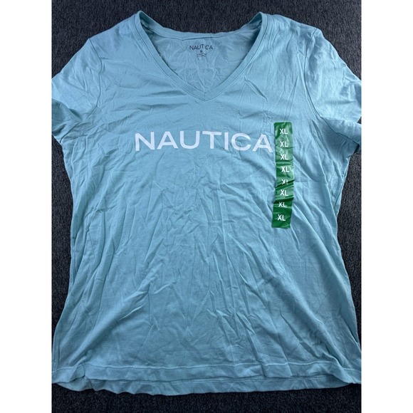 Nautica | Tops | Nautica Shirt Womens Xlarge Blue Logo Vneck Short ...